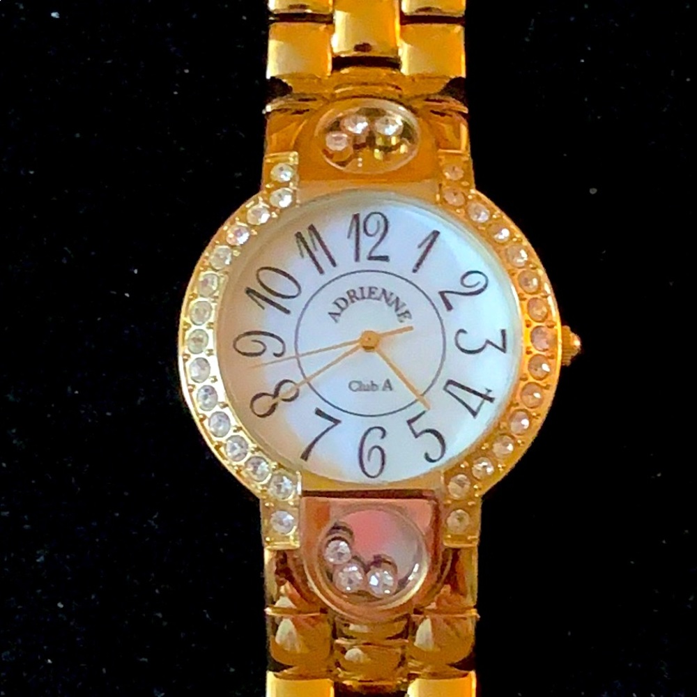 Adrienne Watch Floating Crystals Goldtone Euc 7” - Gem